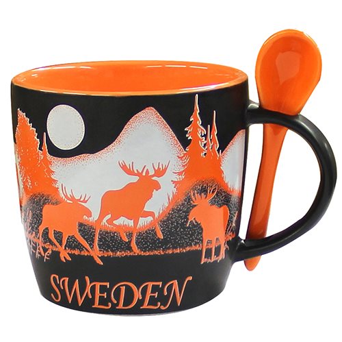 Mugg m sked Älg Sweden, svart/orange - www.nordicsouvenir.com